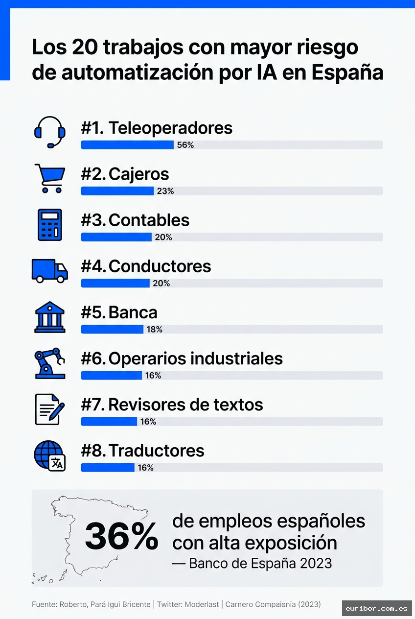 Los 20 empleos con mayor riesgo de automatización IA en España 2026